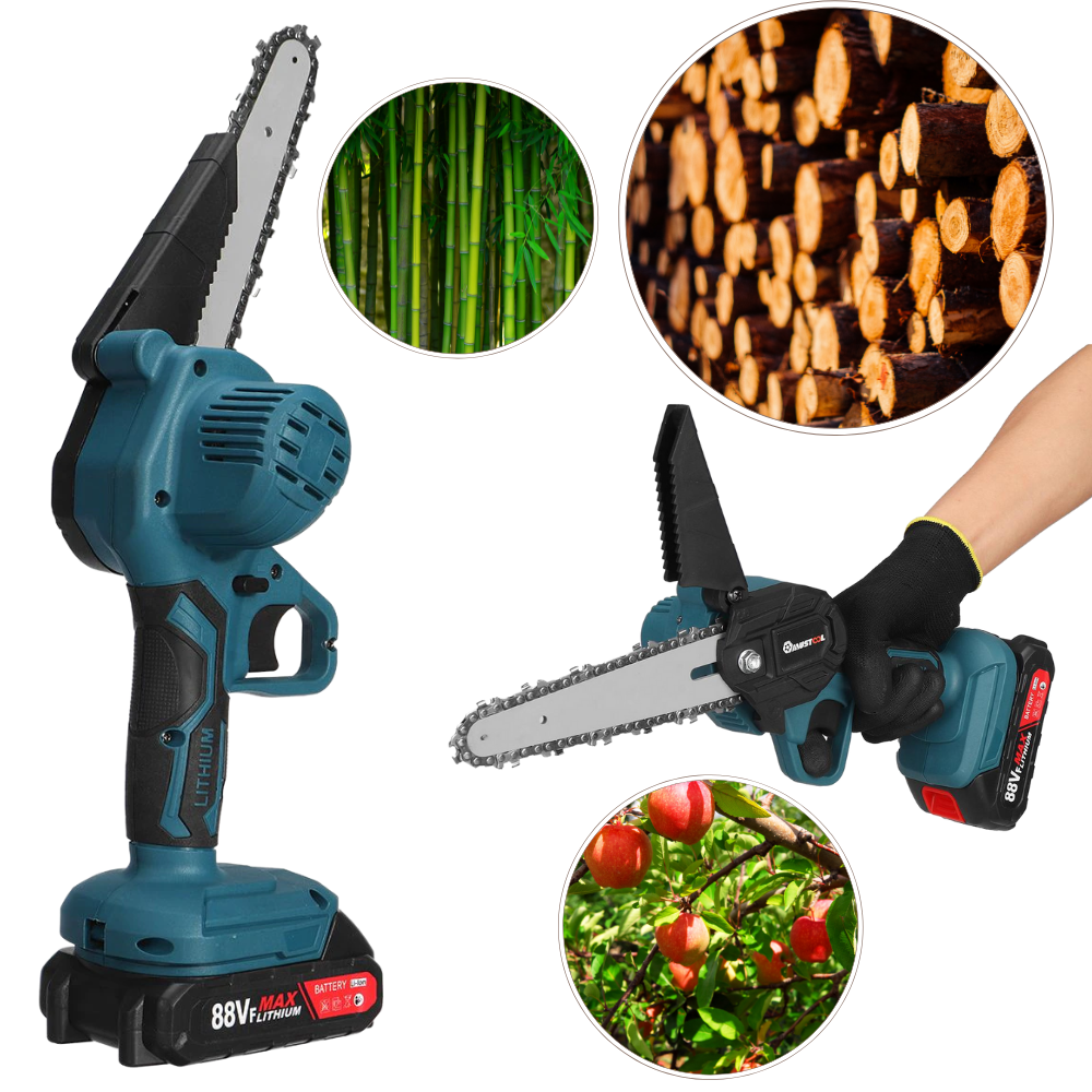 Mini chainsaw - led light - protection deflector - rechargeable battery
